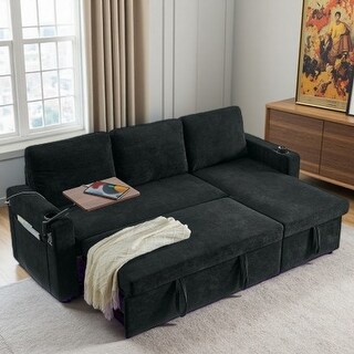 Modern 3-Seater Chenille Sofa with Pull-Out Bed, LED Accent Lighting ...