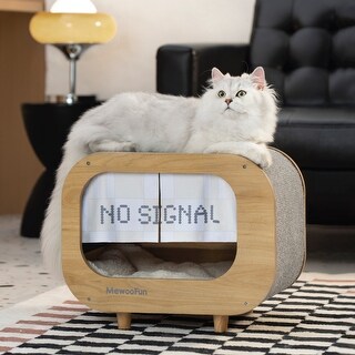 Classic Wooden Cat Bed Cat House TV-Shaped with Cushion and Curtain ...