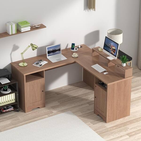 59 in. L-Shaped Oak Wood Computer Desks with USB Charging Port and ...