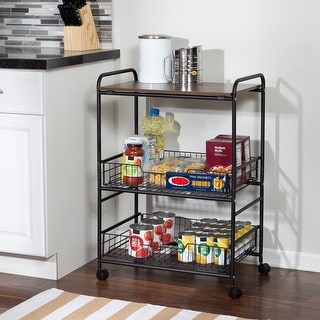 Honey-Can-Do Black/Walnut 3-Tier Cart with Shelf and Pull-Out Baskets ...