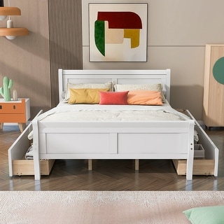 White Wood Platform Bed Frame w/ 4 Drawers Storage Bed - Queen - Bed ...