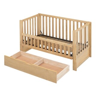 Toddler Bed Crib with Guardrail & Drawers & 3 Height Options, Natural ...