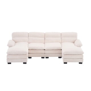 U-shaped Sofa with Double Recliner, Corduroy Segmented Couch, White ...