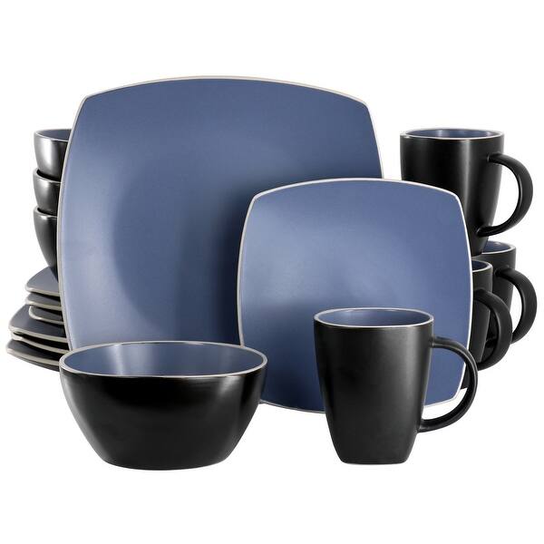 16 Piece Square Stoneware Dinnerware Set in Matte Blue and Black - Bed ...