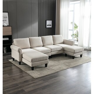 Beige U-Shape Sectional Sofa with Extra Wide Chaise & Plastic Feet - Bed Bath & Beyond - 41592626
