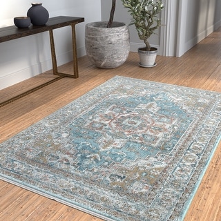 Blue/Natural/Coral/Ivory Area Rug 4x6, Crafted of a Polypropylene and ...