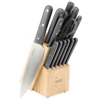14 Piece Stainless Steel Cutlery and Wood Block Set in Grey - Bed Bath ...
