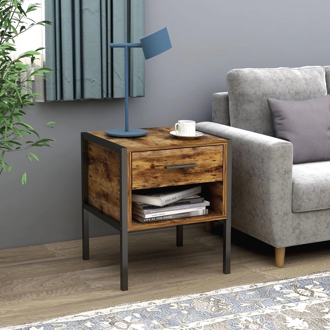 Nightstands Set of 2 Industrial Bedside Tables End Table with Pull Out Drawer and Open Storage Shelf Sofa Side Table Rustic Brown