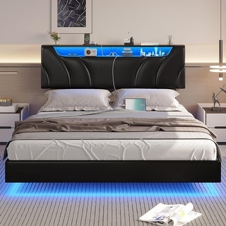 LED Floating Bed Frame Hidden Storage Headboard Type-C & USB - Bed Bath ...