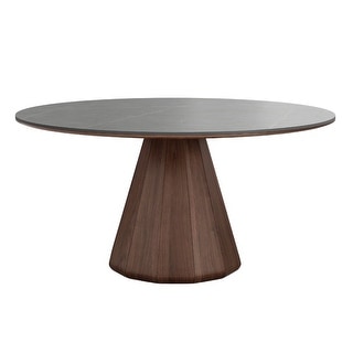 Eric round dining table with walnut base and gray marbled ceramic top ...