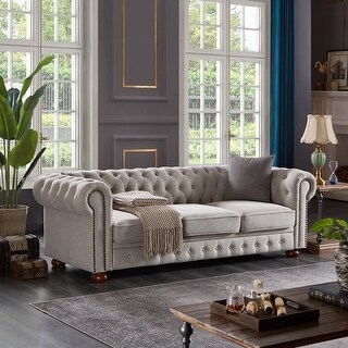 Light Grey Button Tufted Sofa 3-seat Linen Fabric Upholstered Couch ...
