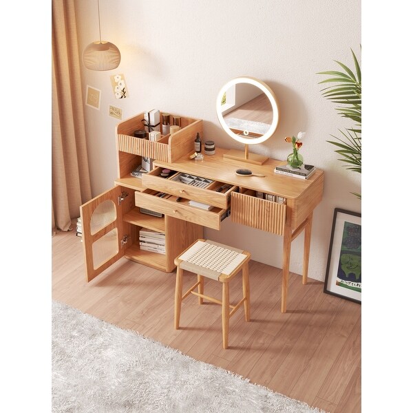 Mid-century Modern Makeup Vanity Table Set, LED Mirror, Tempered Glass ...