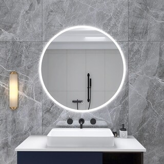 24 in. Round Dimmable LED Bathroom Mirror with Defogger and Bluetoot ...