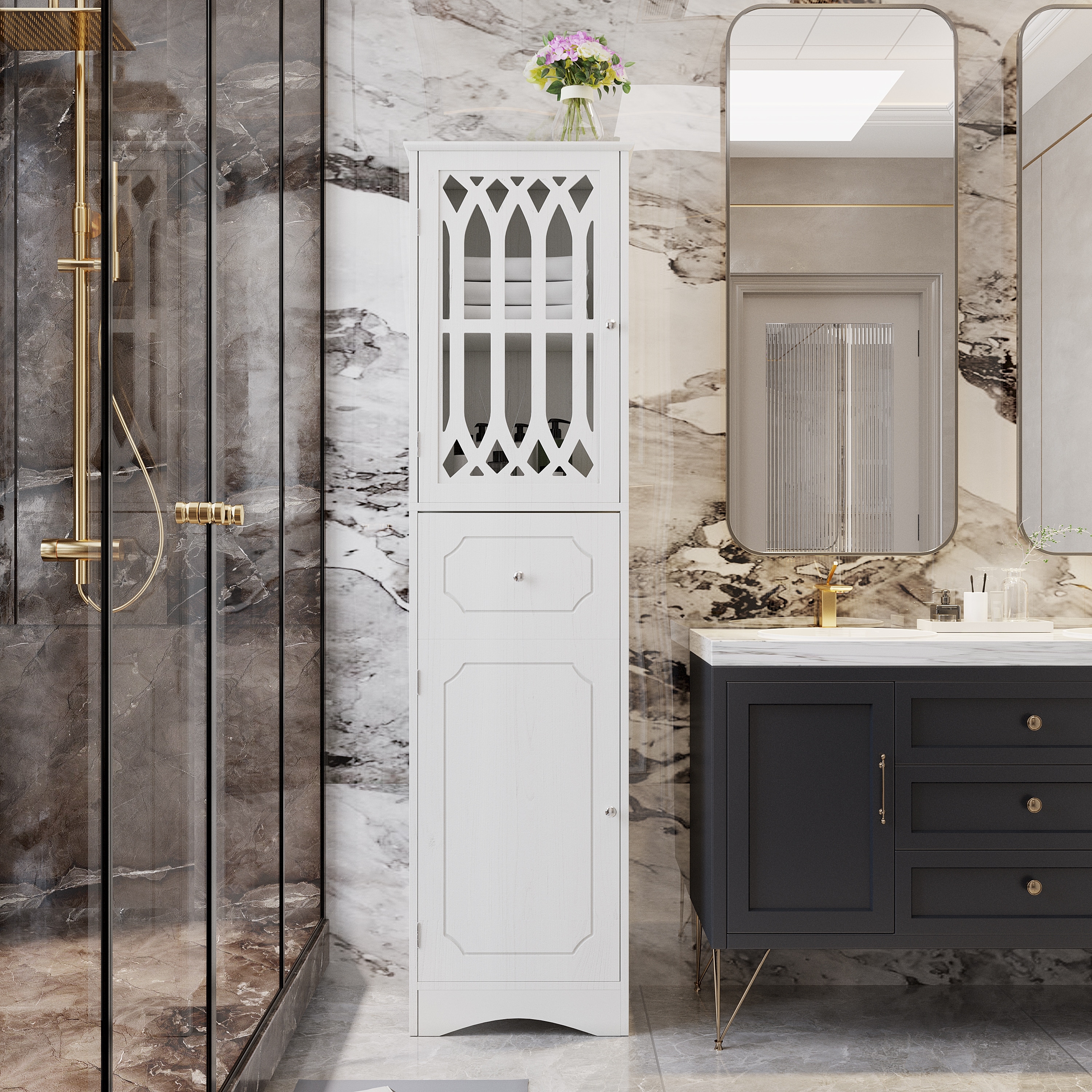 Tall Bathroom Cabinet with Drawer and Doors Adjustable Shelf