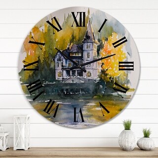 Designart 'Castle By The Lake With Autumn Trees' Lake House wall clock ...