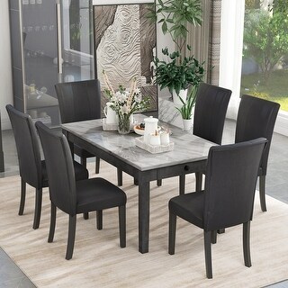 7-Piece Dining Table Set with 2 Drawers, Faux Marble Dining Table and 6 ...