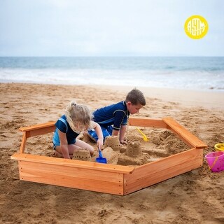 Hexagon Wooden Cedar Sand Box with Seat Boards - Natural - 73.2 x 63.8 ...