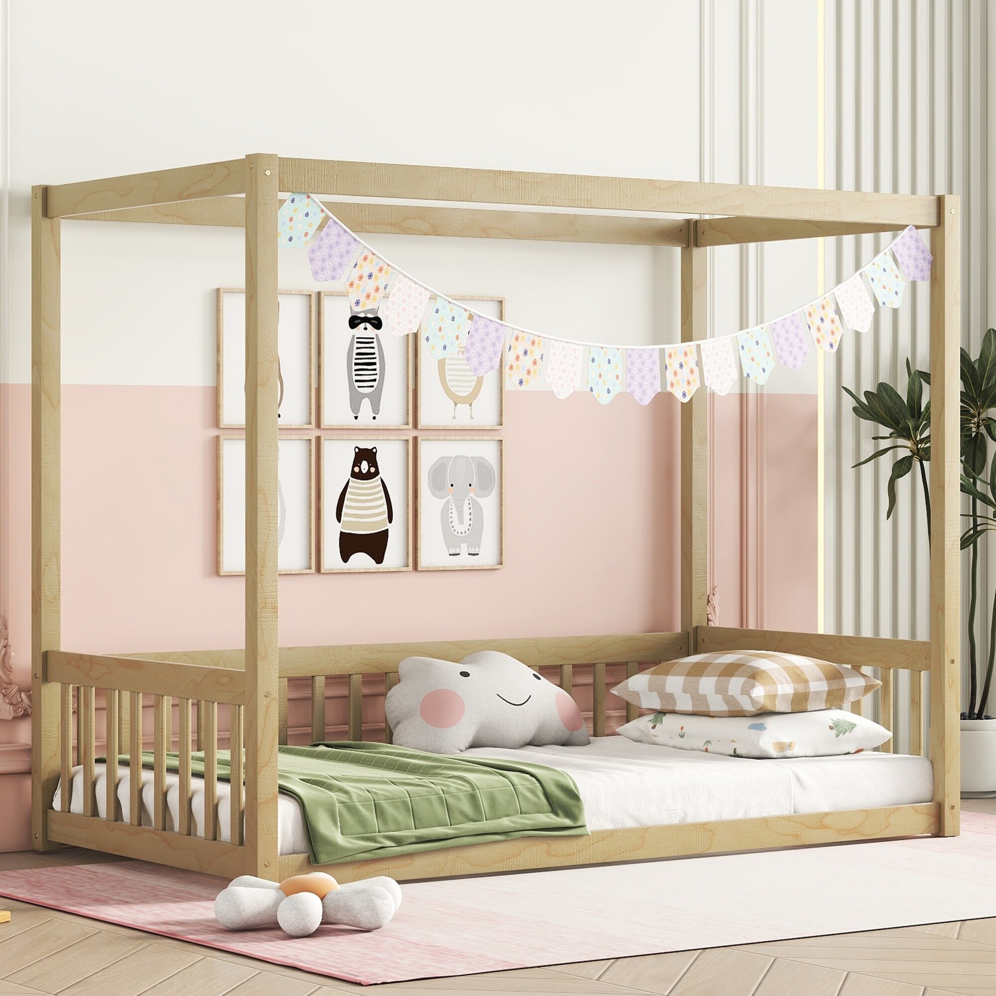 Twin Size Canopy Frame Floor Bed with Fence Guardrails Natural Bed Bath Beyond 40608995