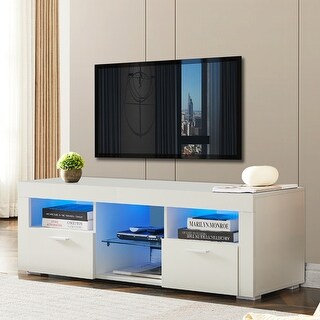 51" White TV Console with LED Backlighting, Remote Control, and Storage ...