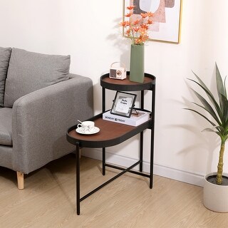 2-Tier Black Metal Frame Side Table with Wood and PU Tray Top - Bed ...