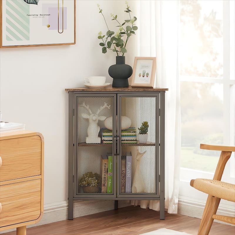 VECELO Triangular Corner Cabinet 27.5" 3-tier End Table with Mesh Doors ...