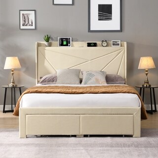 Queen Wingback Bed Frame Upholstered Platform Bed with Irregular Line ...