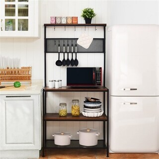 4-Tier Brown Kitchen Rack Stand with Hooks and Mesh Panel - Bed Bath ...