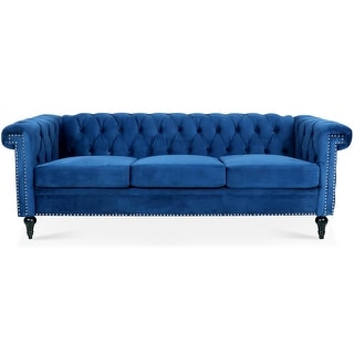 83.66" Loose Back Bench Sofa, Rolled Arm with Nailheads and Tufted ...