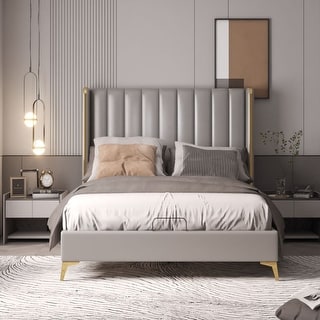 Light Grey Queen Size Channel Tufted Upholstered Bed with 56" Tall ...
