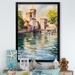 Designart "Italy Medieval Castle On Water" Nautical & Coastal Framed ...