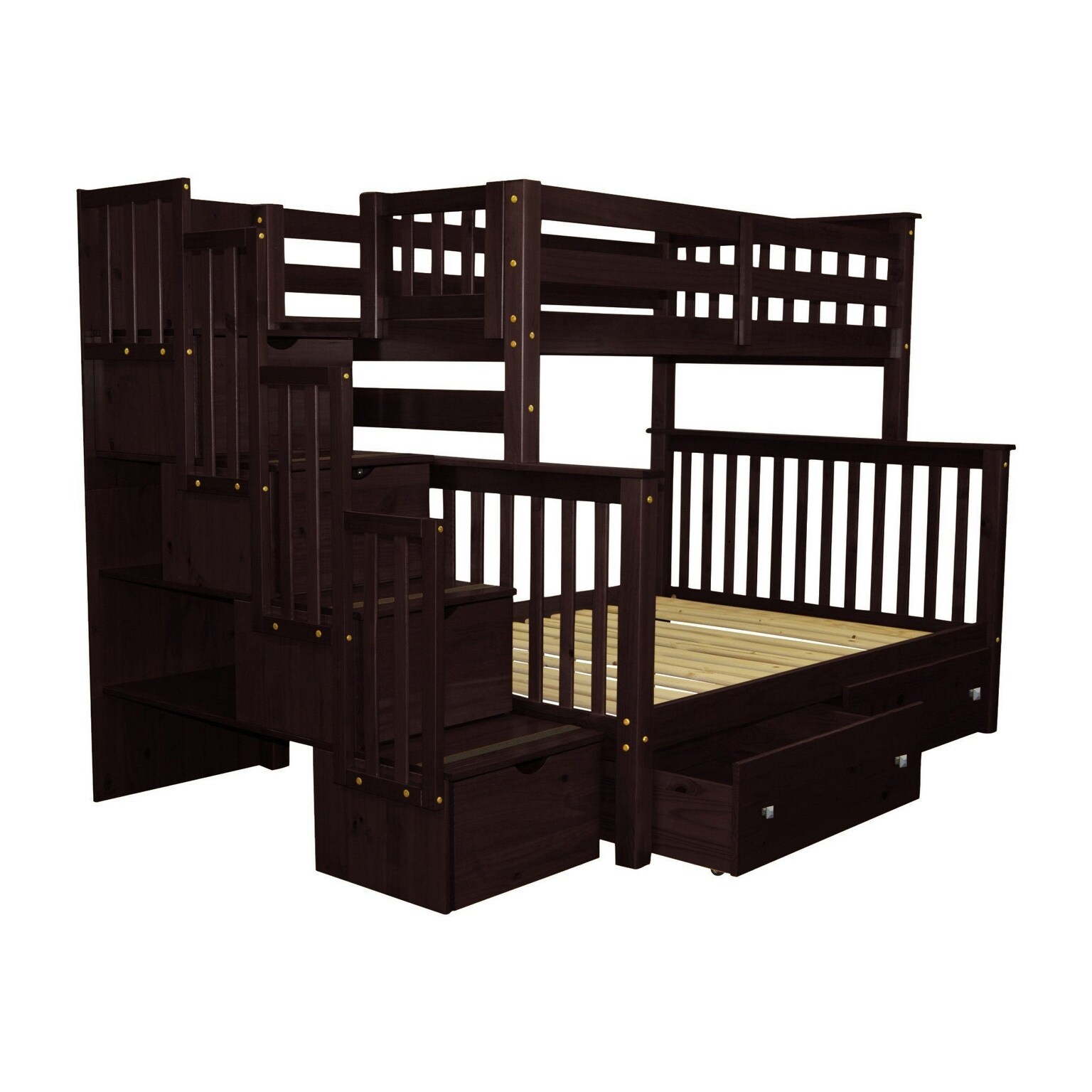 Bedz King Stairway Bunk Beds Twin over Full with 4 Drawers in the Steps and 2 Under Bed Drawers Cappuccino Bed Bath Beyond 24216379