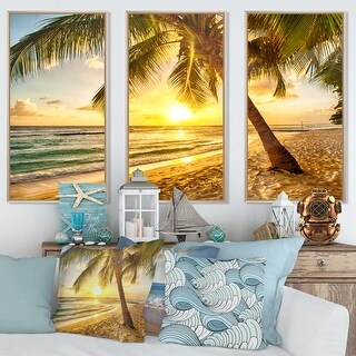 Designart "Tropical Island" Sea & Shore Framed Canvas Wall Art Set of 3 ...