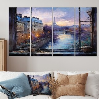Designart "Paris Window View Sunset" Paris Extra Large Canvas Set Of 4 ...