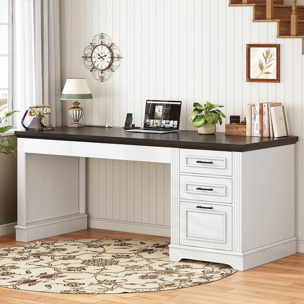 Farmhouse Executive Desk Home Office Desk File Drawer Monitor Stand ...
