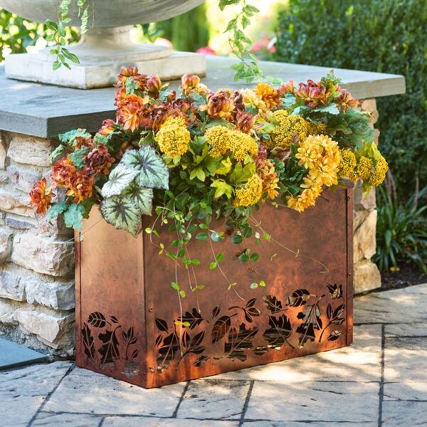 Fall Leaves Rust Finished Outdoor Metal Planter with Laser Cut Artwork ...