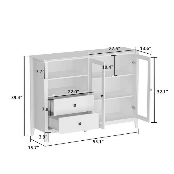 Timechee Kitchen Storage Cabinet, White, 2 Drawer and Glass Doors - Bed ...