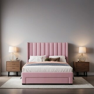 Full Size Storage Bed Velvet Upholstered Platform Bed with Drawer, Pink ...