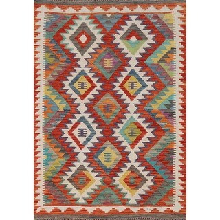 Reversible Kilim Orange Foyer Rug Hand-Woven Wool Carpet - 3'4"x 4'9 ...