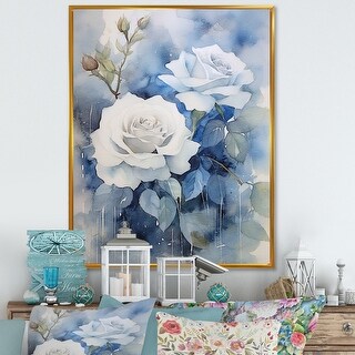 Designart "Cream Blue Rose Reverie" Roses Framed Wall Decor - Bed Bath ...