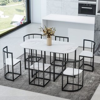 Modern 7-Piece Dining Table Set with Faux Marble Tabletop and Metal ...