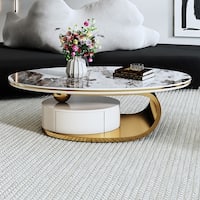 55 Inches Modern Oval Faux Marble Coffee Table with Storage For Living ...