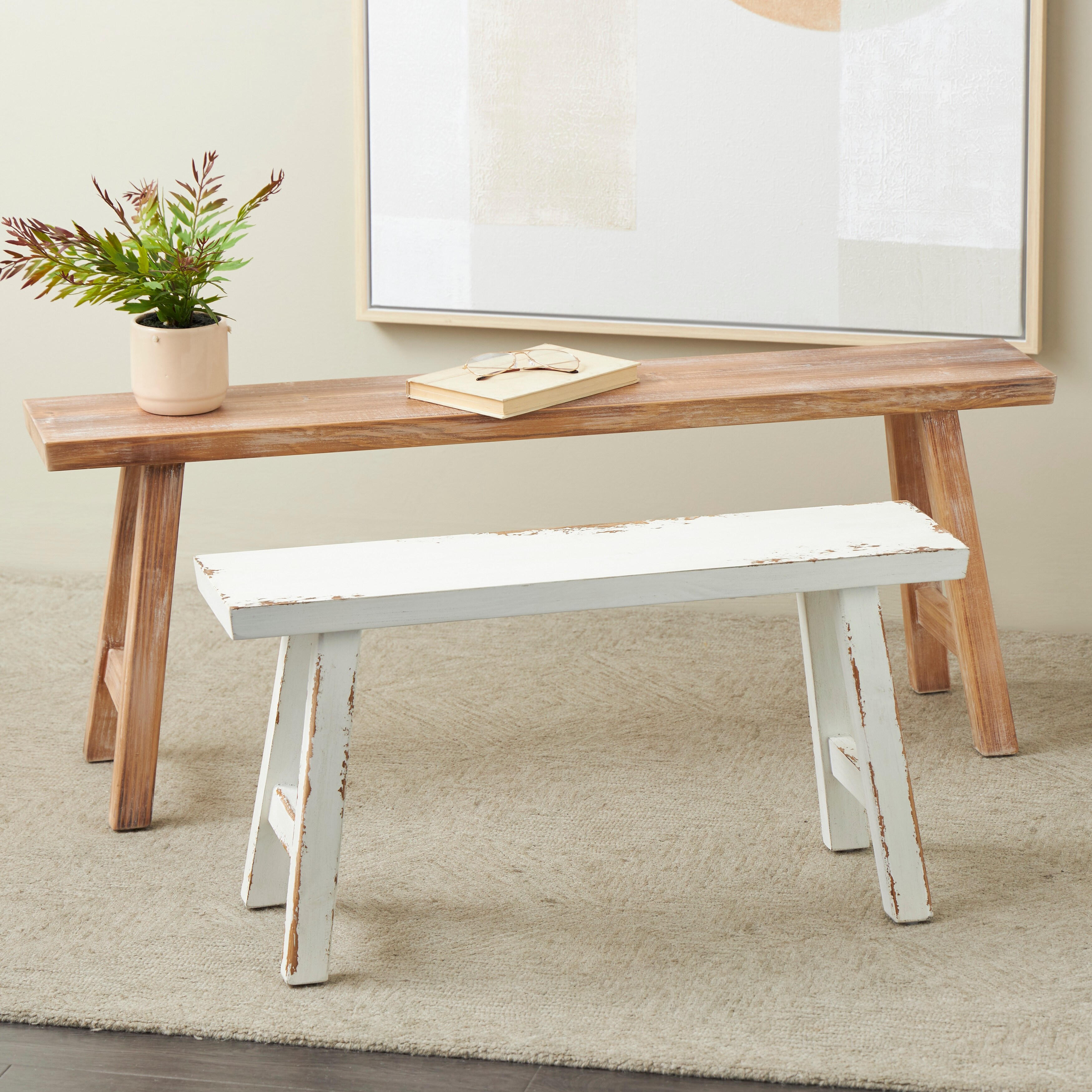 Brown Wood Slim Distressed Bench with Smaller White Bench Set of 2