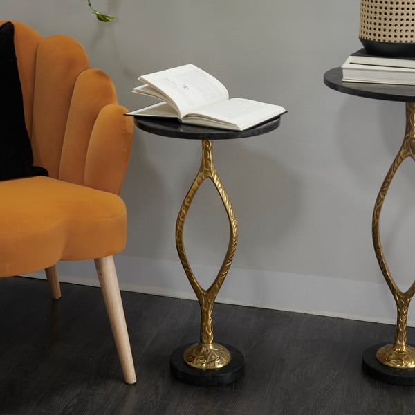 Black Marble Transitional Accent Table with Textured Gold Metal Base ...