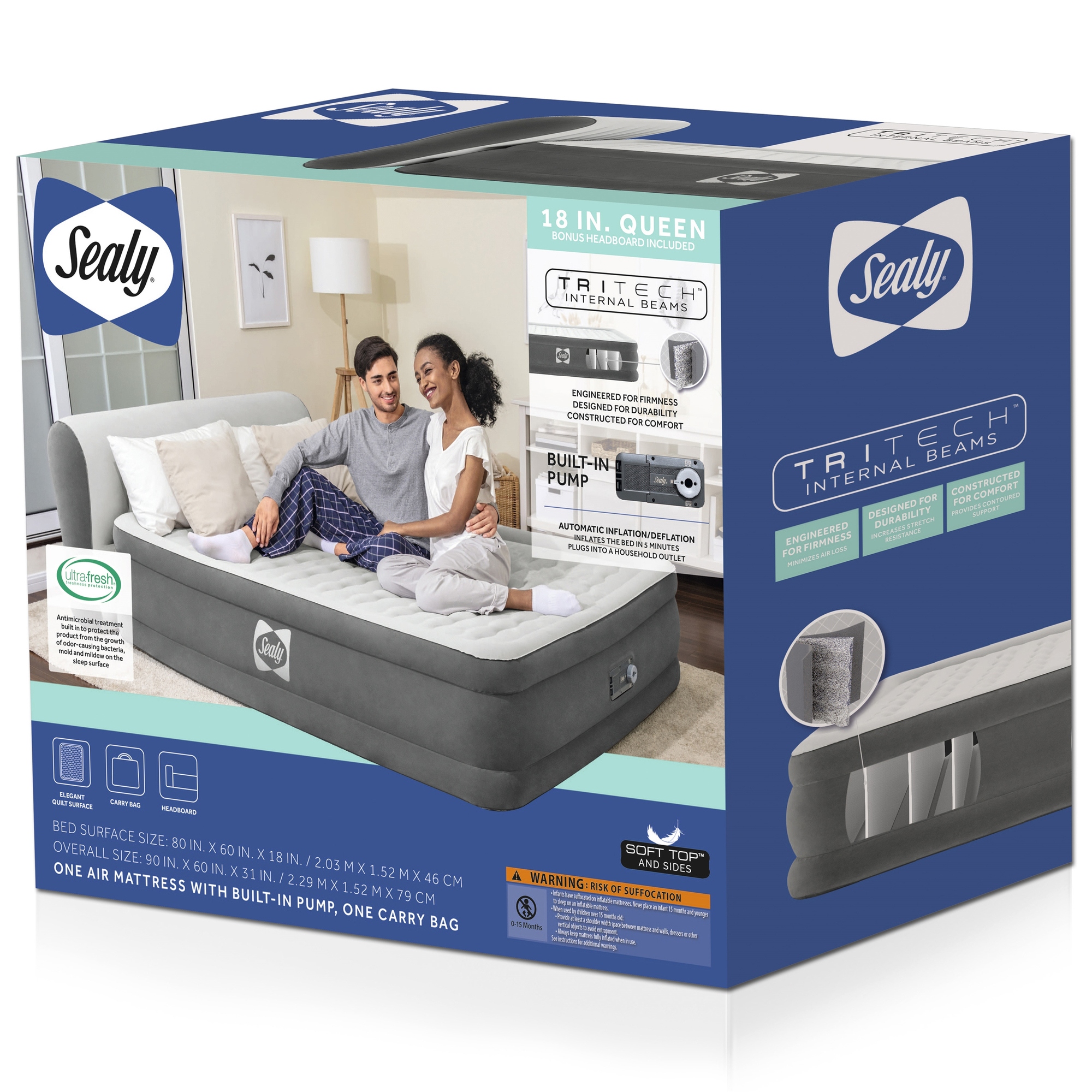 Sealy TriTech Airbed Queen 31 Headboard Built in AC Pump