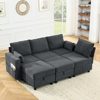 6-Seat Modular Sofa Set: Convertible Sofa Bed in Dark Gray Corduroy ...