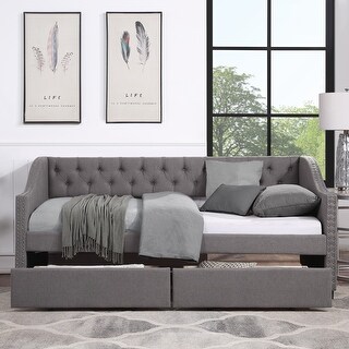 Upholstered Twin Size daybed with Two Drawers, Wood Slat Support, Gray ...