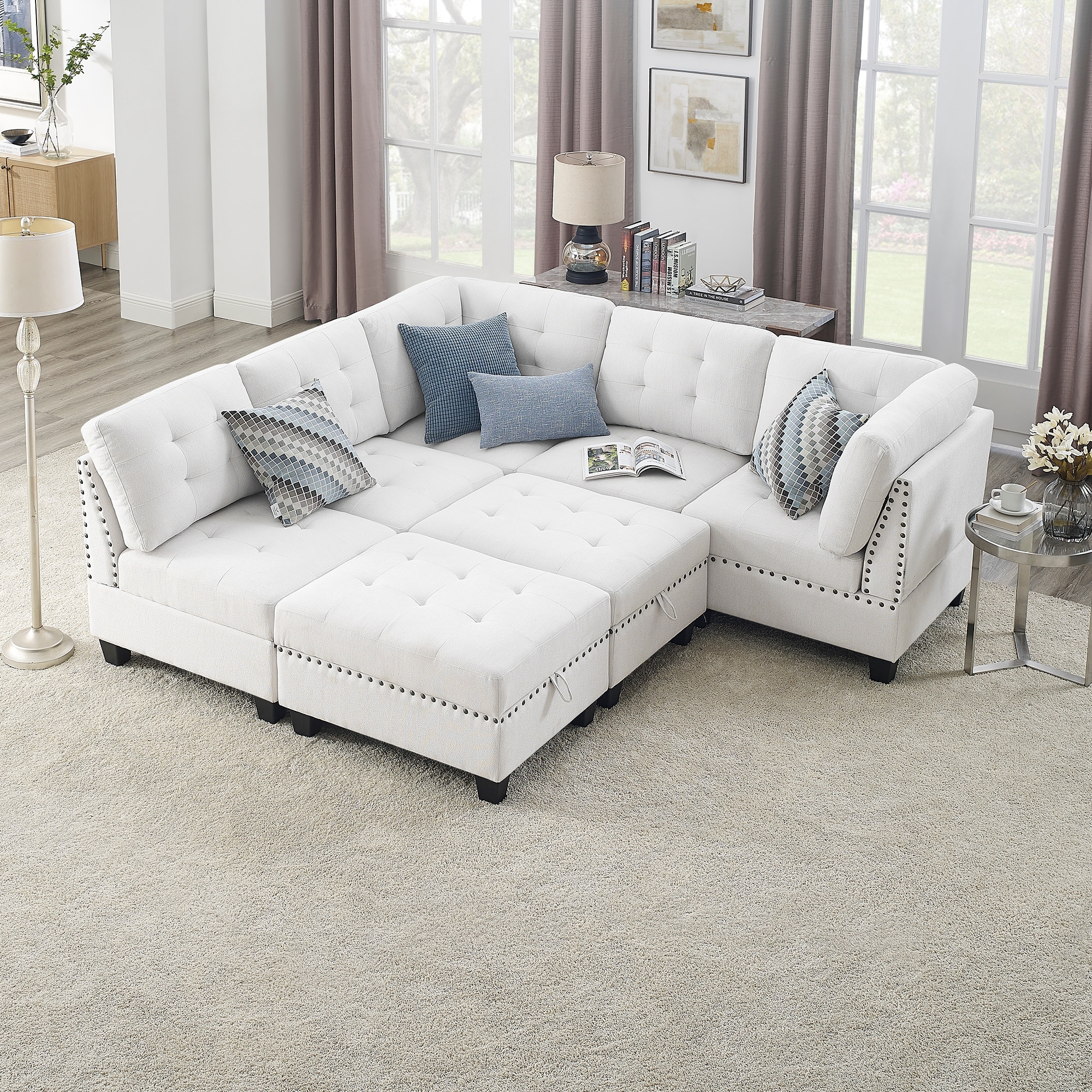Chenille Modular Corner Sofa Set L-shape Sectional Sofa with Ottoman ...