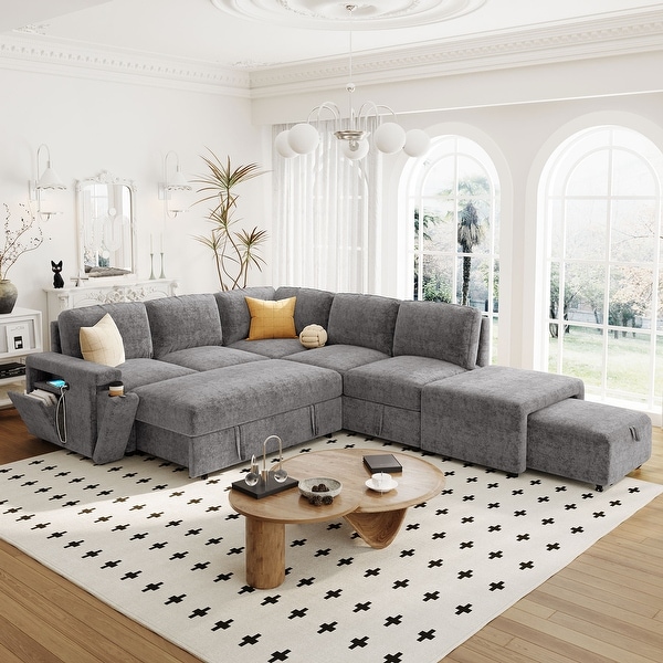 Pull out Grey Padded L shape Sectional Sofa w Ottoman USB Storage On Sale Bed Bath Beyond 40987658