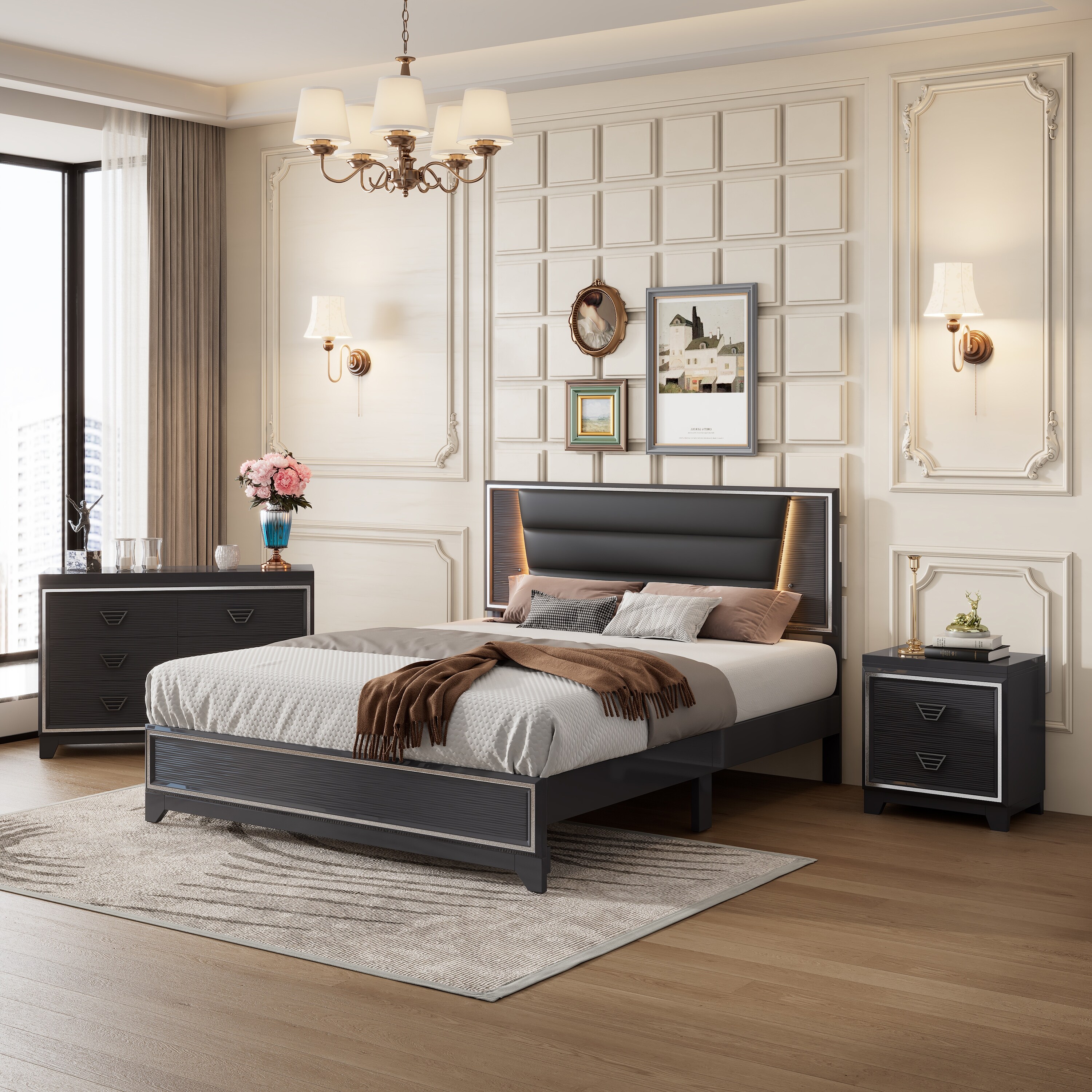 3 Piece Queen Bedroom Set in Black with LED Lights Nightstands Dresser Bed Bath Beyond 41261026