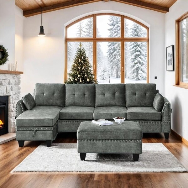 Grey sofa with footstool store
